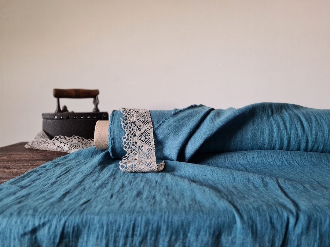 Linen Fabric Dark Cyan Blue, Washed Softened Flax Fabrics, Fabric by ...