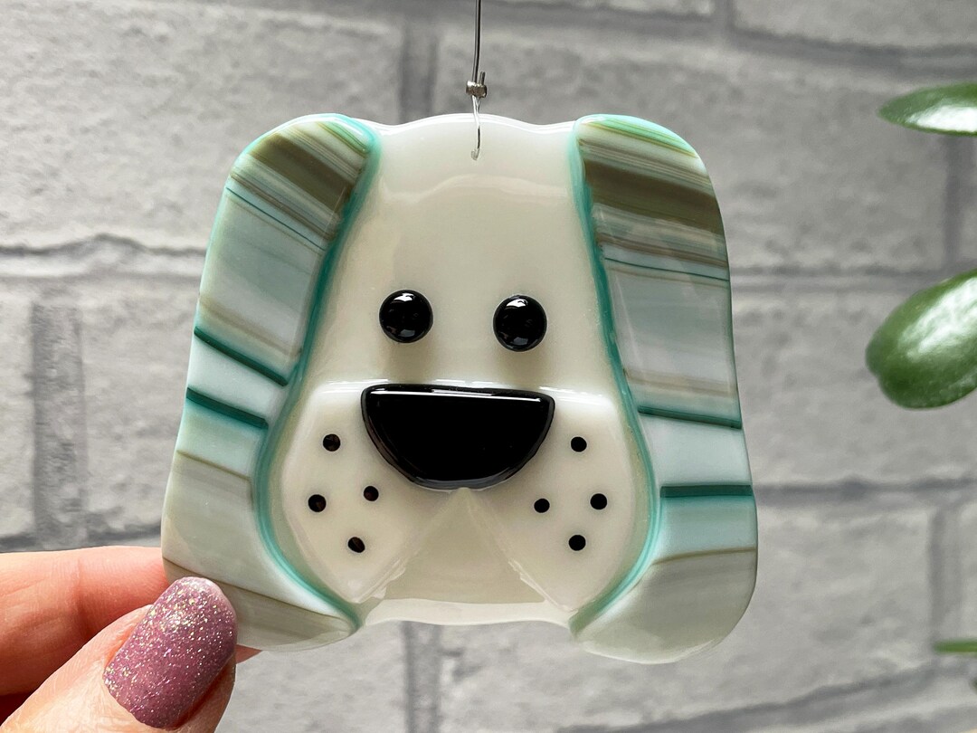 Fused Glass Dog Ornament: Streaky Green & White Hanging Decoration - Etsy