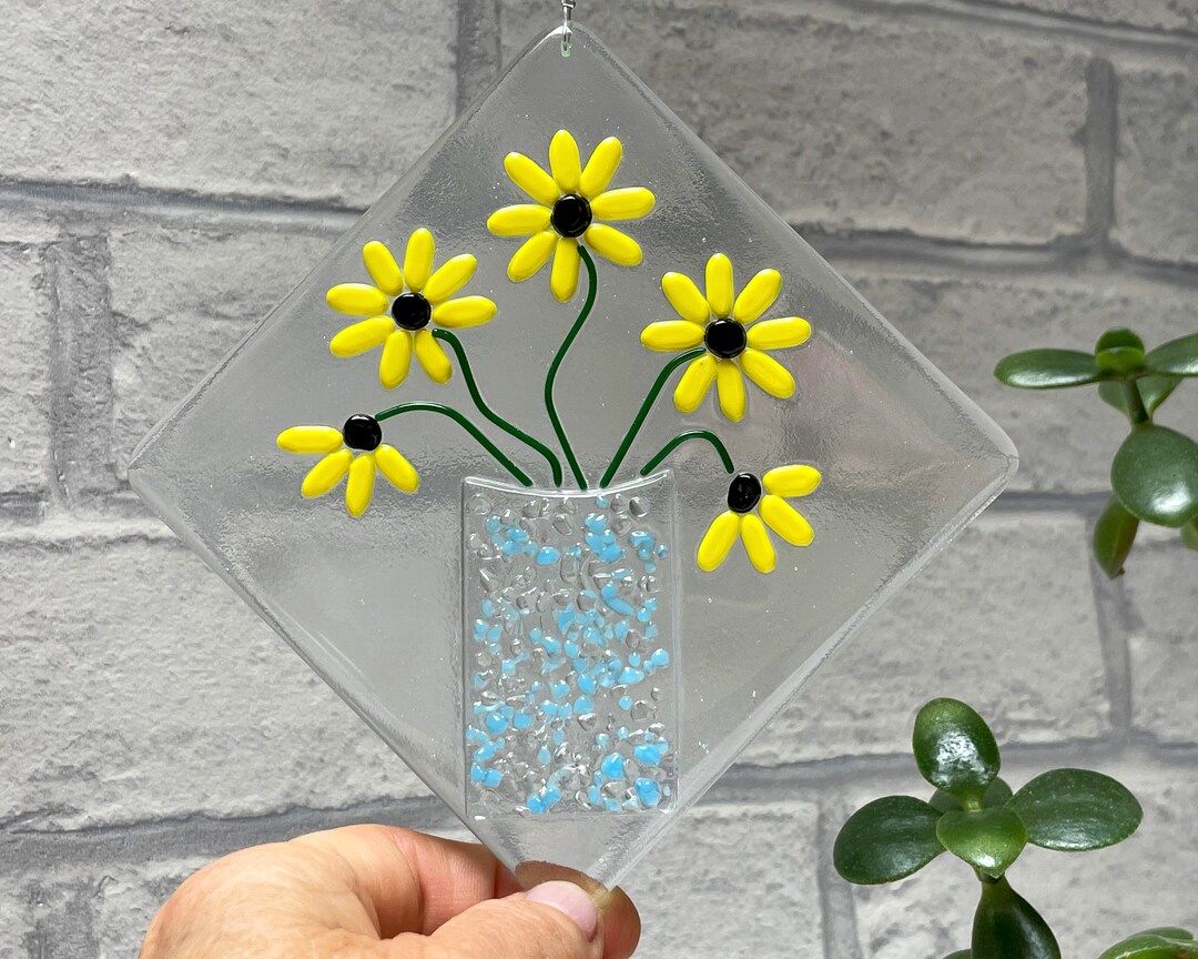 Fused Glass Flowers and Vase, 4-inch Square Window Hanging Decoration ...