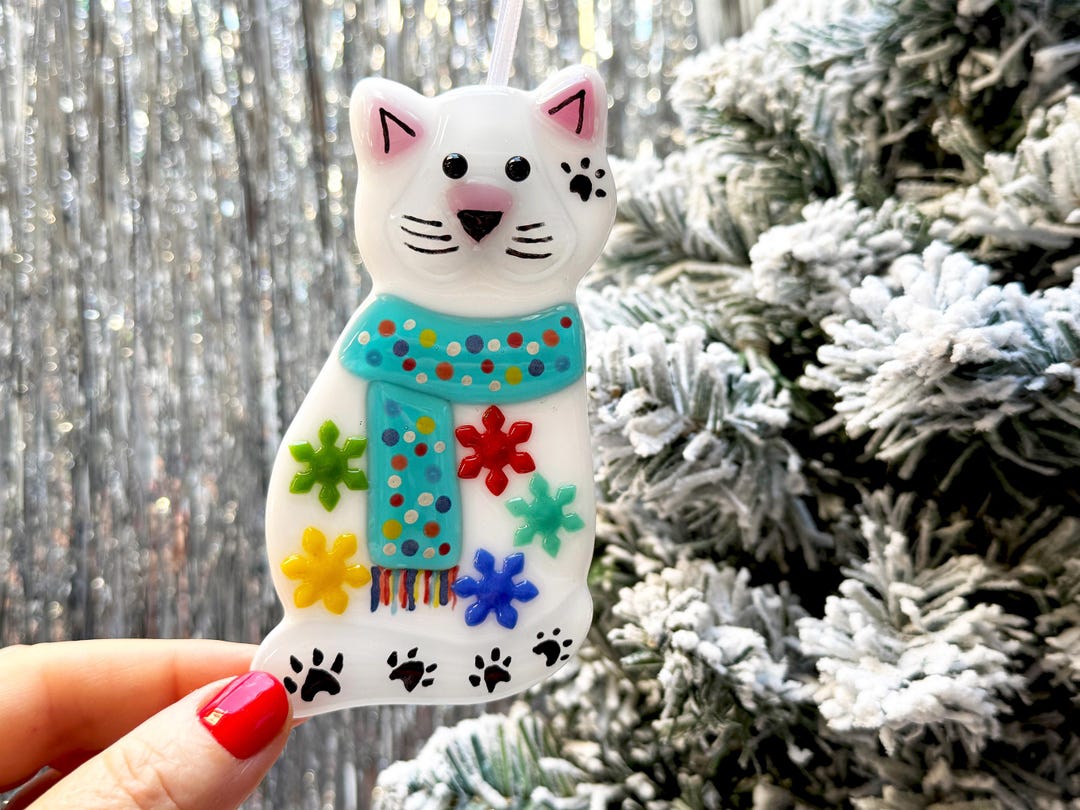 Handmade Fused Glass Cat Christmas Ornament, 4.5 Inch, Ribbon Hanging ...