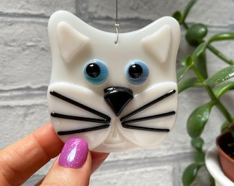 Fused Glass Cat Ornament: White & Grey Hanging Decoration - Etsy