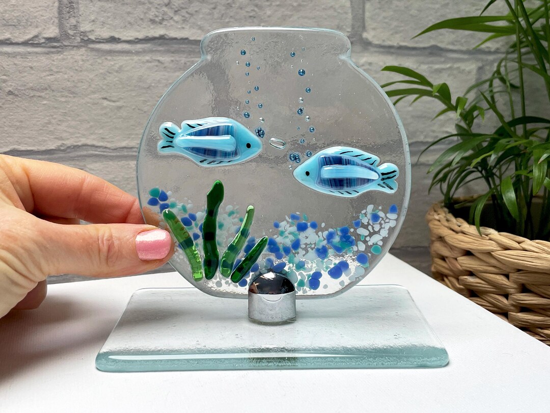 Fused Glass Fish Bowl Suncatcher in Stand-up Mount, Handmade Glass ...