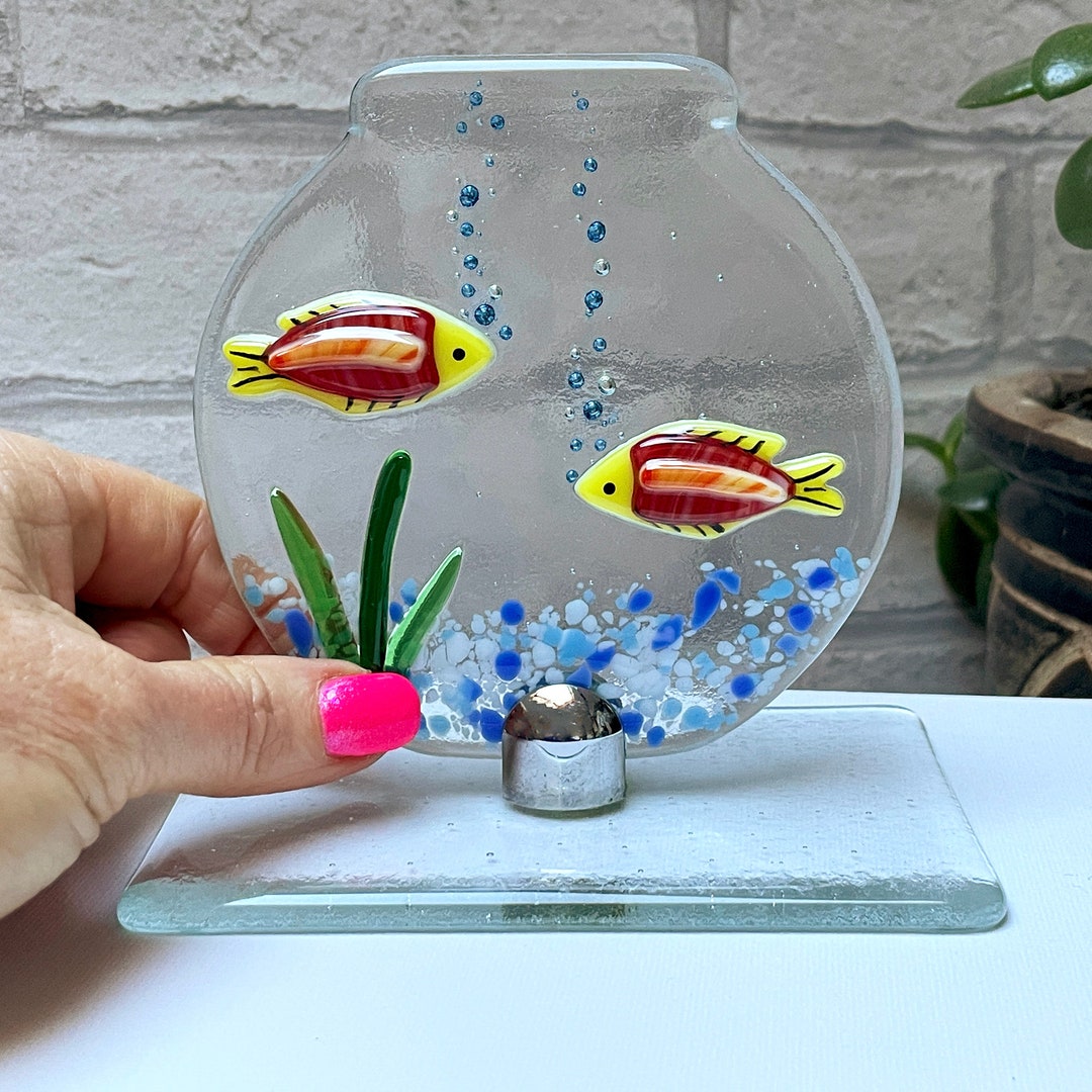 Fused Glass Fish Bowl Suncatcher in Stand-up Mount, Handmade Glass ...