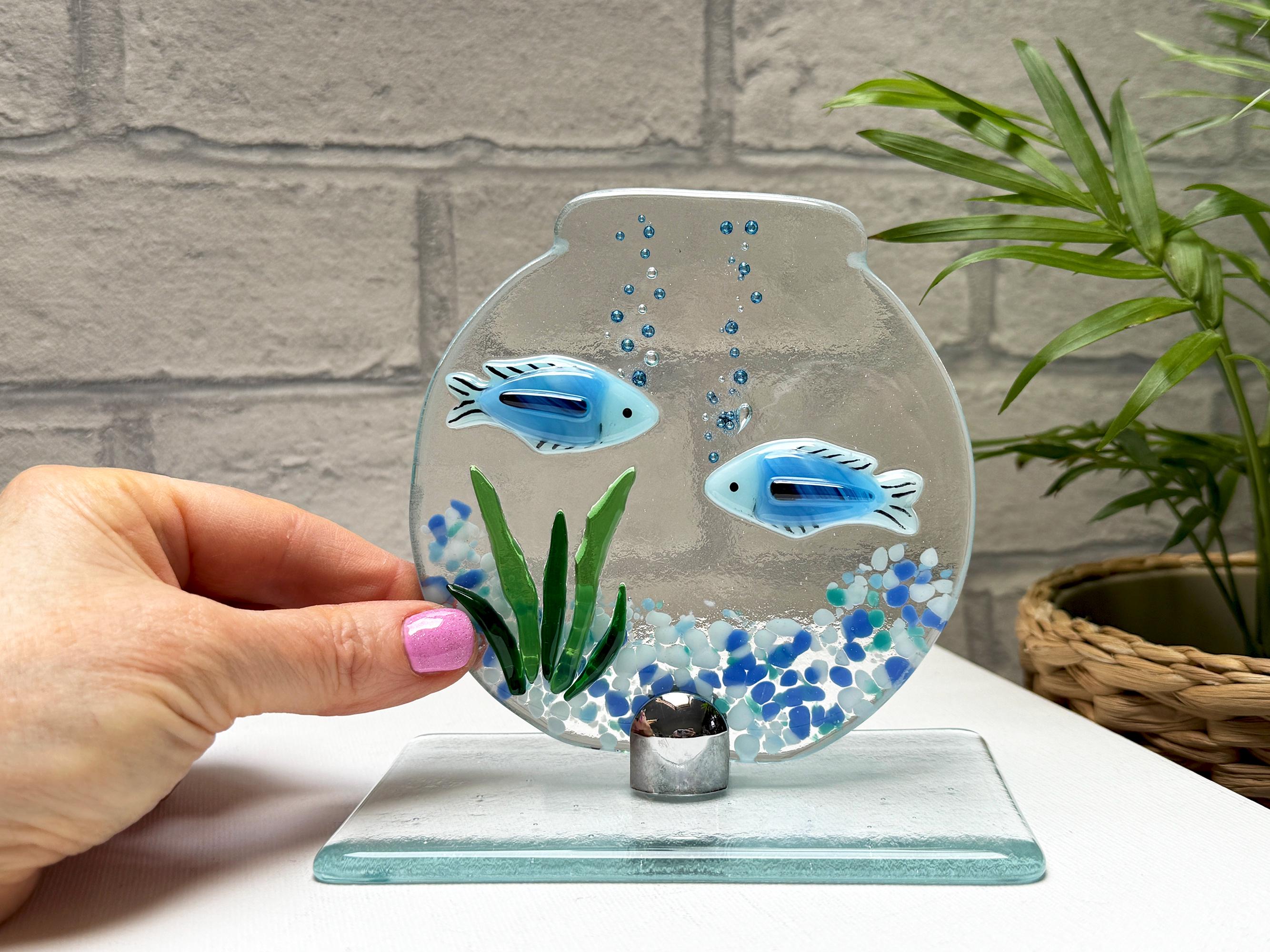 Handmade Glass Fish Bowl Suncatcher in Stand-up Mount, Fused Glass ...