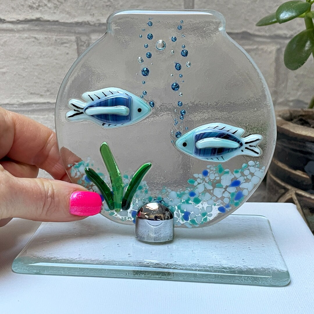 Fused Glass Fish Bowl Suncatcher in Stand-up Mount, Handmade Glass ...