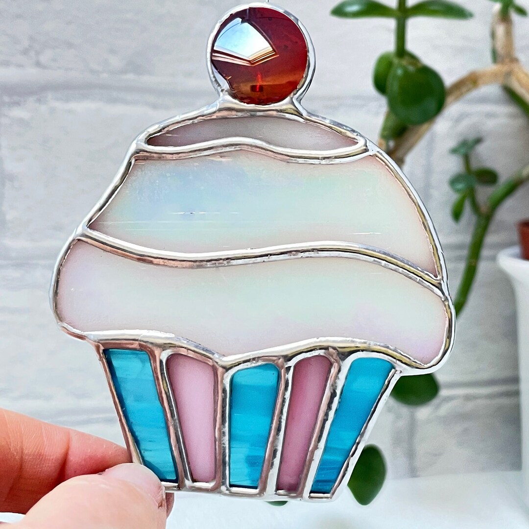 Stained Glass Cupcake Suncatcher, Handmade Glass Art, Window Hanging ...