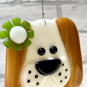 Glass Dog Ornament, Brown and White With a Green Flower, Fused Glass ...