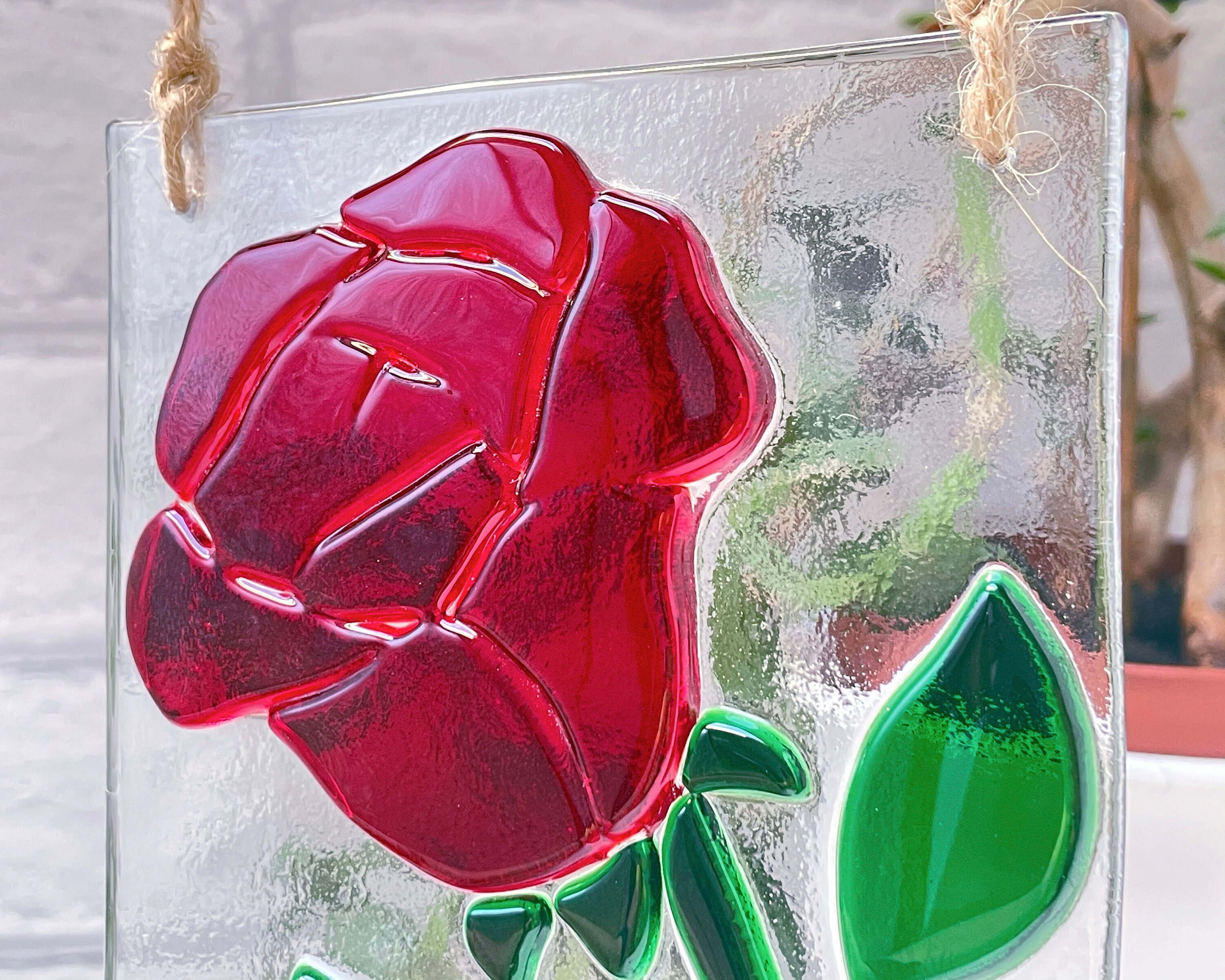 Fused Glass Rose Suncatcher With Driftwood Handmade Glass | Etsy