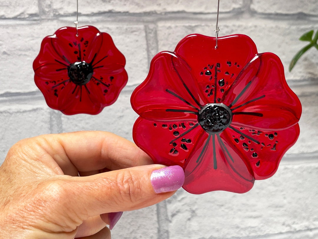 Fused Glass Poppy Suncatcher, Handmade Glass Artwork, Window Hanging ...