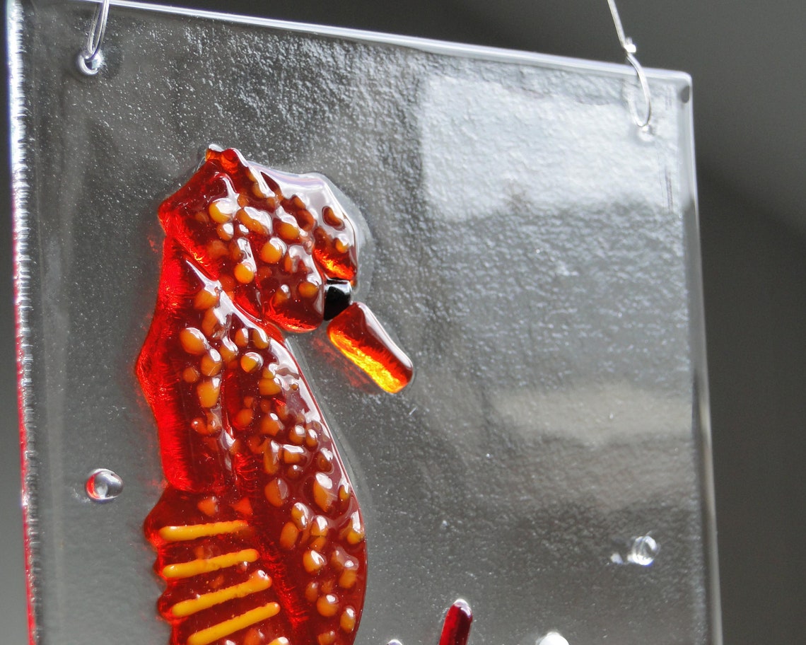 Fused Glass Seahorse Panel handmade seascape suncatcher | Etsy