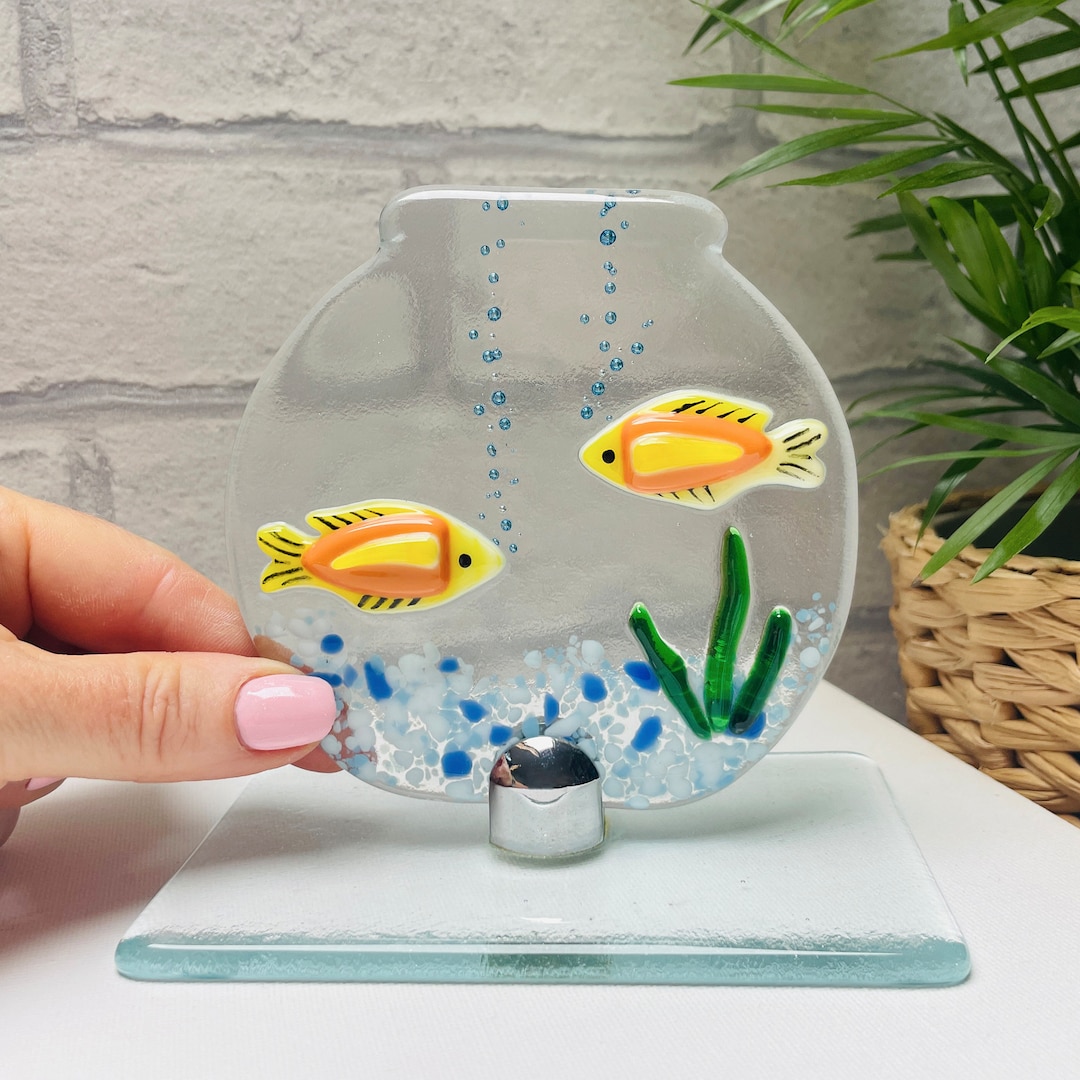 Fused Glass Fish Bowl Suncatcher in Stand-up Mount, Handmade Glass ...