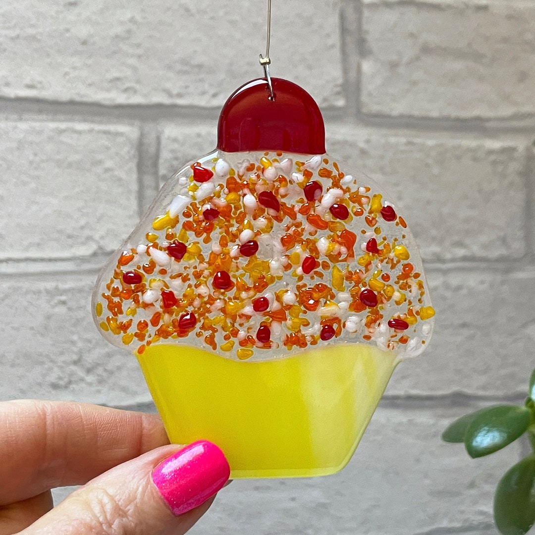 Fused Glass Cupcake Suncatcher, Handmade Glass Art, Window Hanging ...