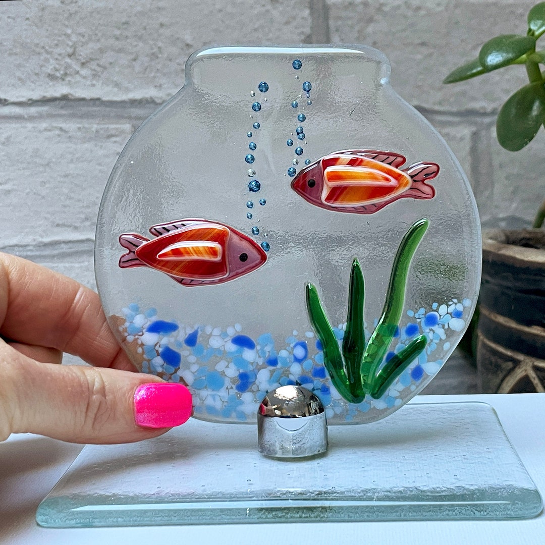 Fused Glass Fish Bowl Suncatcher in Stand-up Mount, Handmade Glass ...