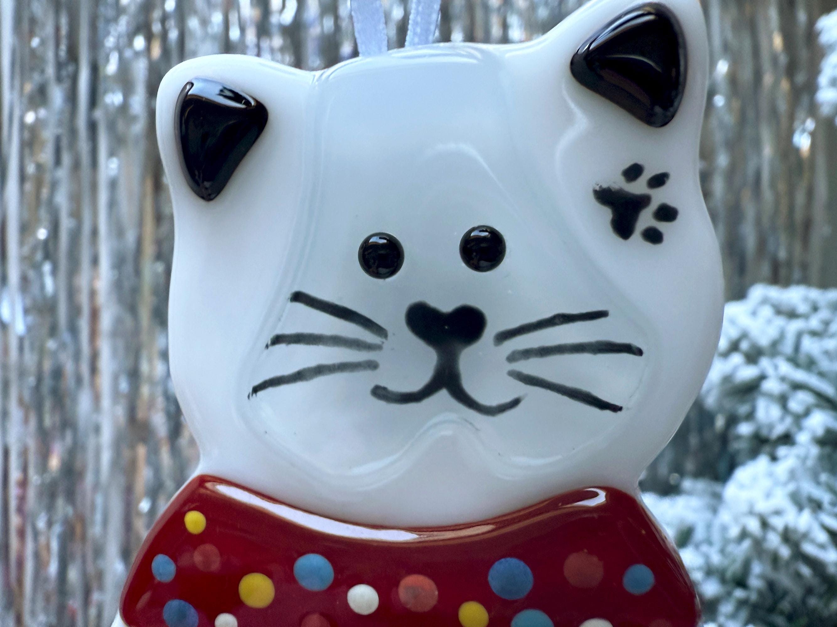 Handmade Fused Glass Cat Christmas Ornament, 4.5 Inch, Ribbon Hanging ...
