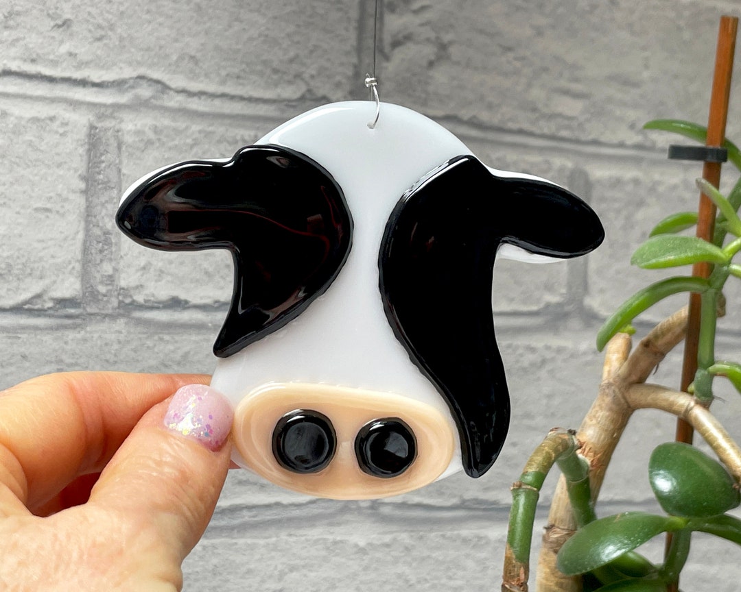 Fused Glass Cow Ornament, Handmade Hanging Decoration, Gift for Farmer ...