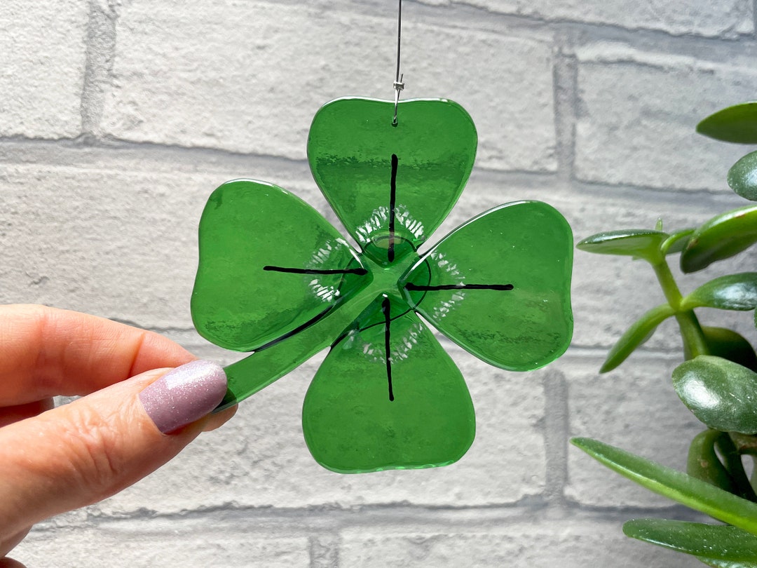 Fused Glass Four-leaf Clover Suncatcher, Handmade Glass Artwork, Window ...