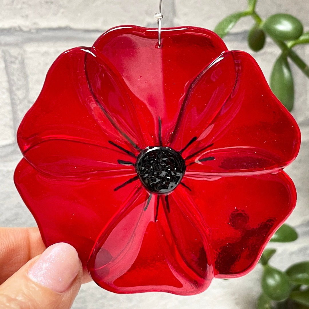 Fused Glass Poppy Suncatcher, Handmade Glass Artwork, Window Hanging ...