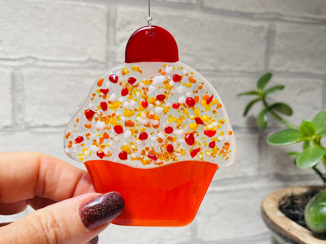 Fused Glass Cupcake Suncatcher, Handmade Glass Art, Window Hanging ...