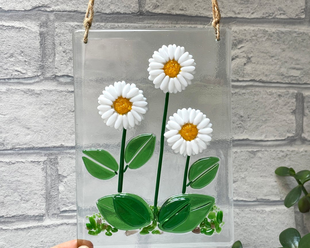 Fused Glass Daisy Panel, Handmade Glass Flower Artwork, Window Hanging ...