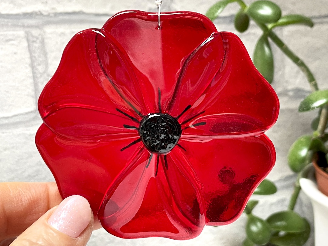 Fused Glass Poppy Suncatcher, Handmade Glass Artwork, Window Hanging ...