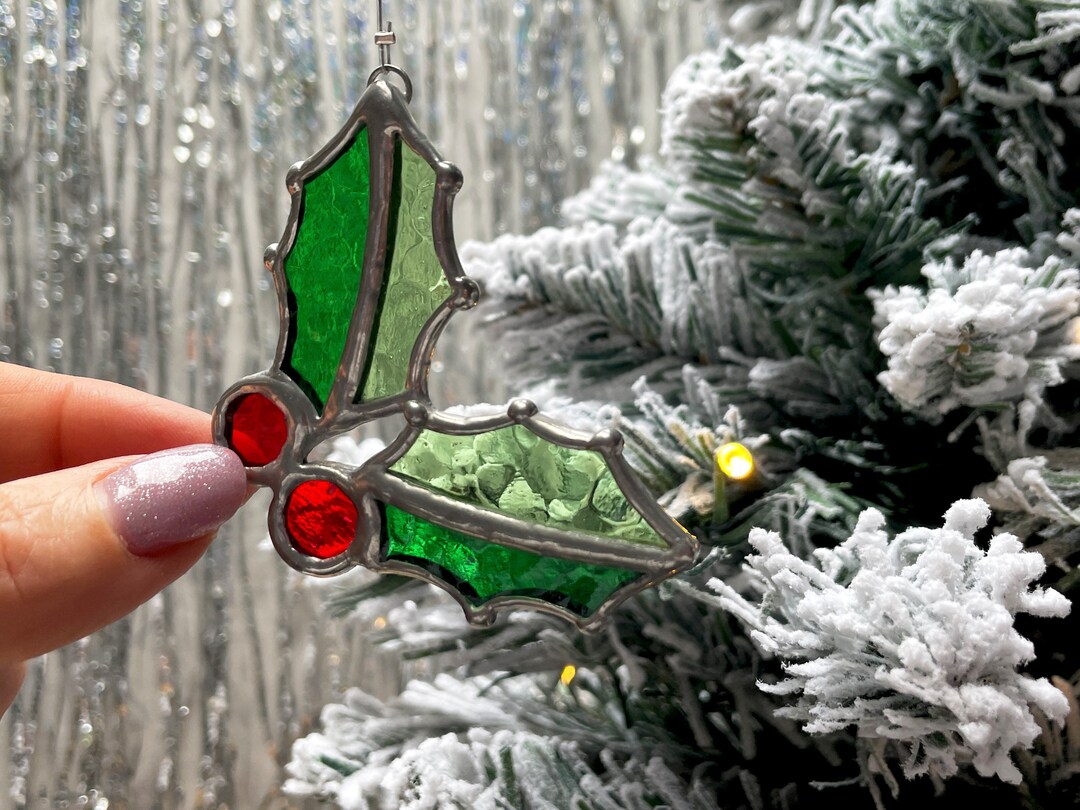 Stained Glass Holly With Berries, Handmade Christmas Tree Decoration ...