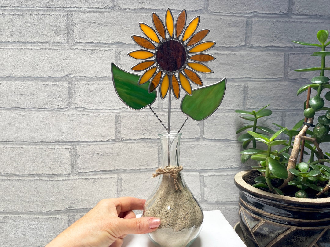 Stained Glass Sunflower in Glass Vase, Handmade Glass Artwork, Glass ...