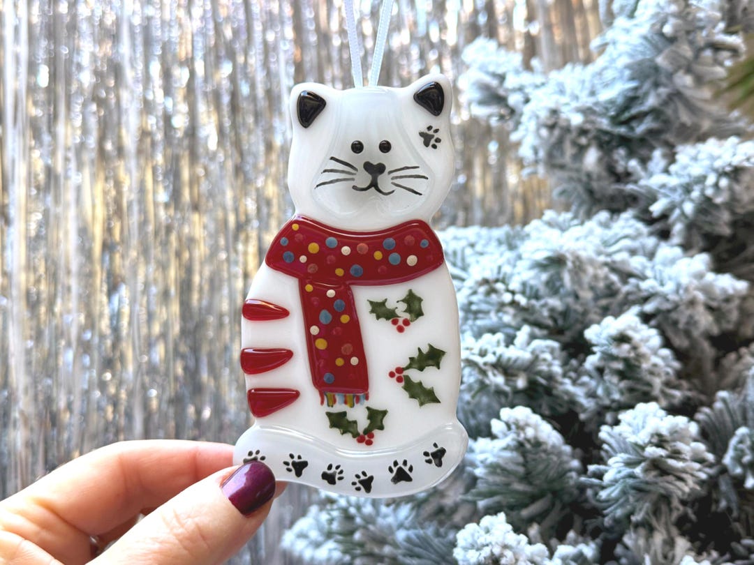 Handmade Fused Glass Cat Christmas Ornament, 4.5 Inch, Ribbon Hanging ...