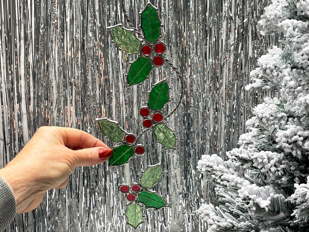 Stained Glass Holly Hanging, Handmade Glass Art, Traditional Christmas ...