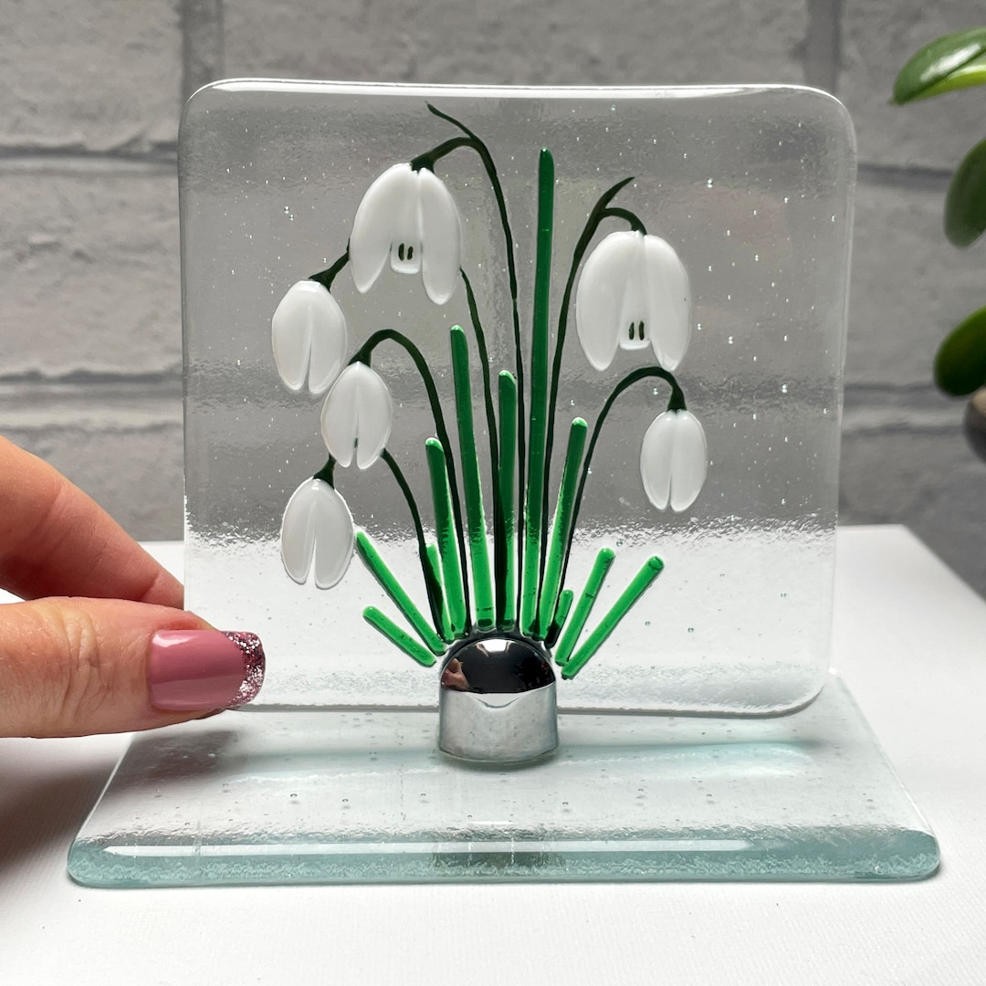Fused Glass Snowdrop Panel in Stand-up Mount, Handmade Glass Artwork - Etsy