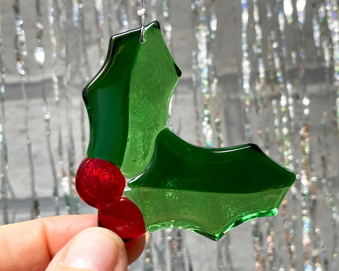 Fused Glass Holly With Berries, Handmade Christmas Tree Decoration ...