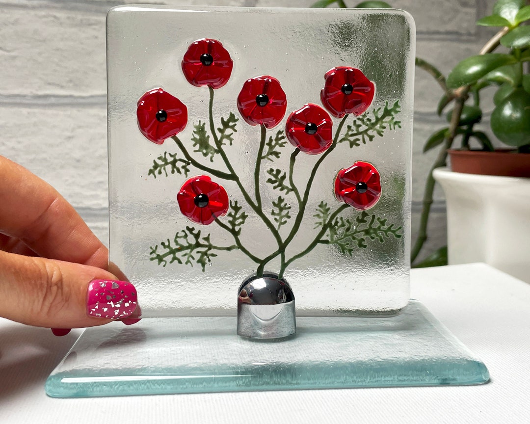 Handmade Glass Poppy Flower Panel in Stand-up Mount, Fused Glass ...