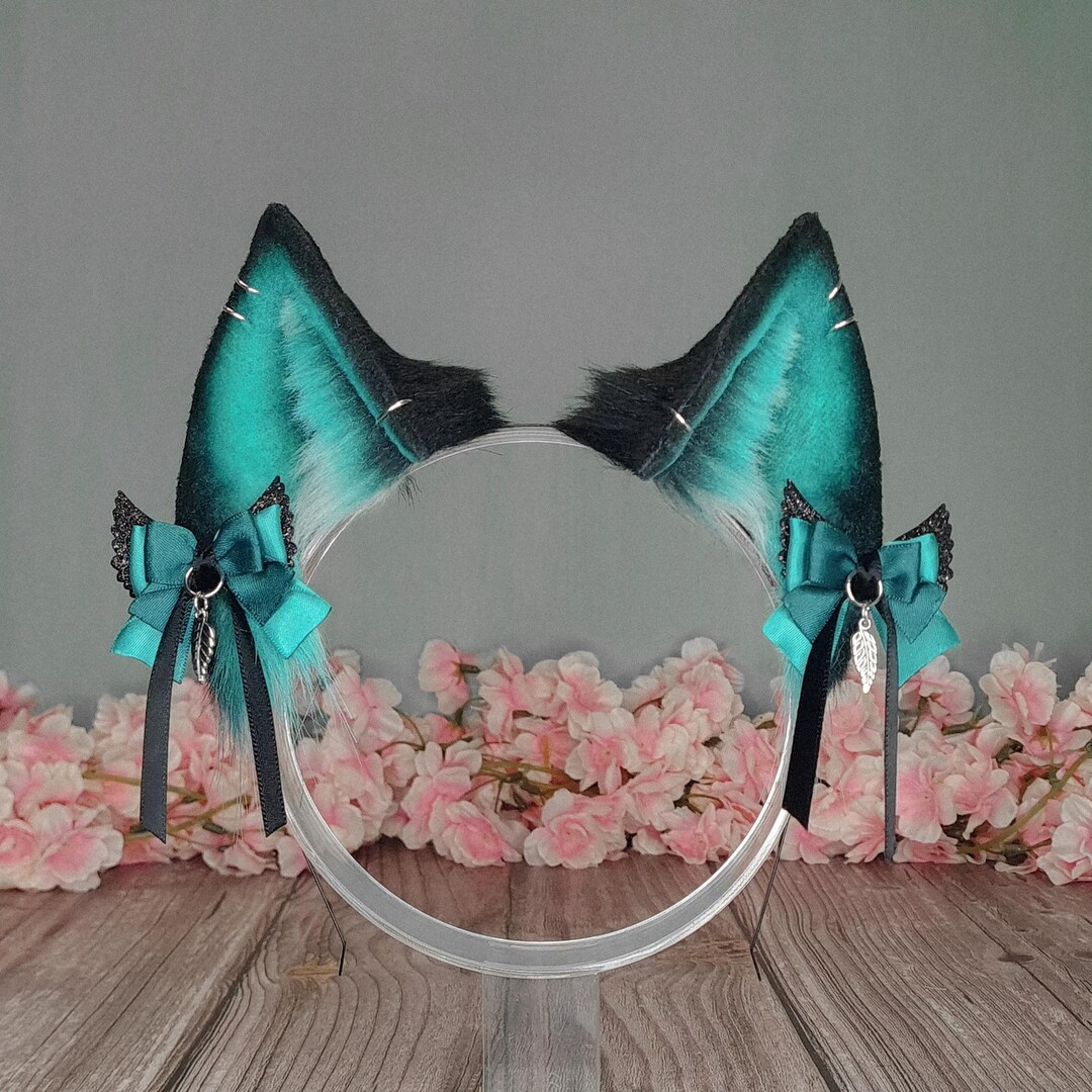 Black-mint Faux Fur Fox Ears on Black Headband With Charms Cosplay Ears ...