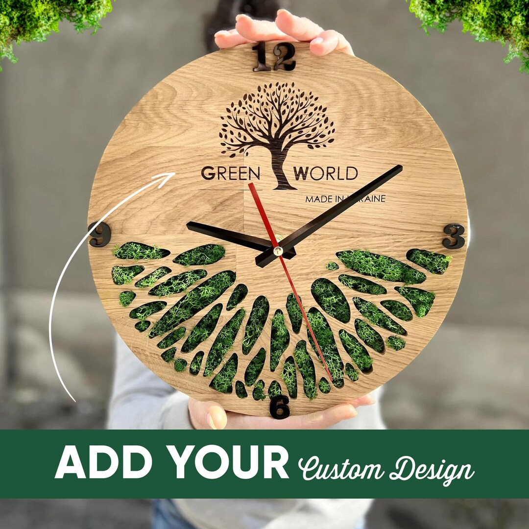 Custom Moss Wall Clock With Company Logo, Wooden Clock for Office Decor ...