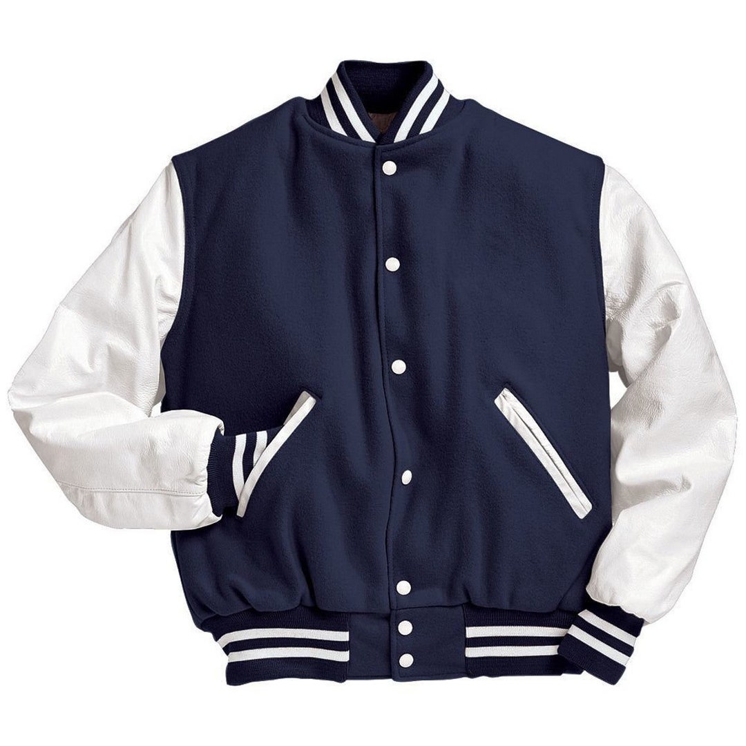 Blue and White Men's Varsity Baseball Jacket Real Leather Sleeves Wool ...