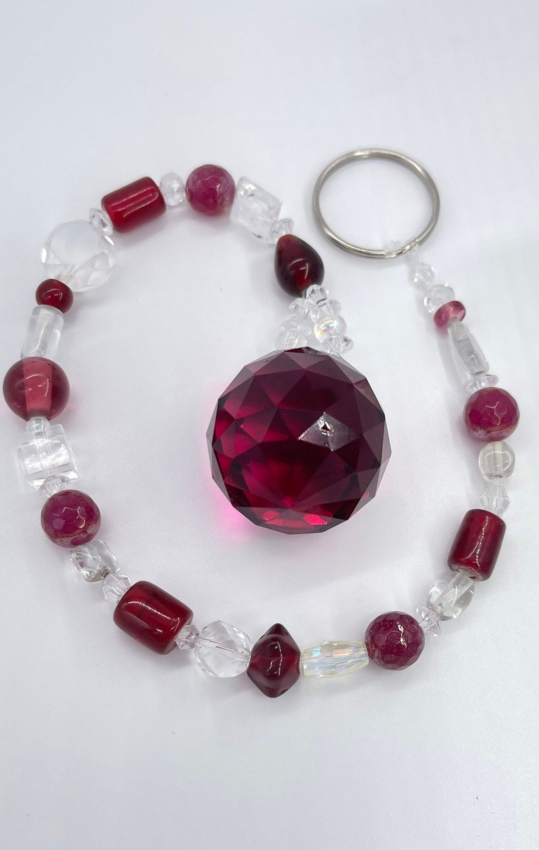 Beaded Suncatcher Clear & Maroon Crystal Prism Hanging Patio Decor Yard ...