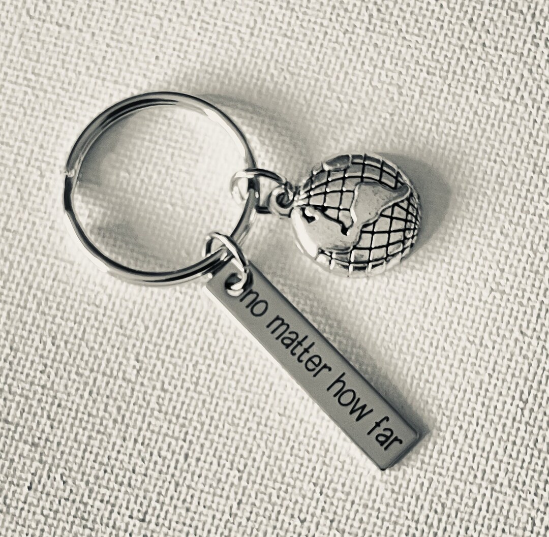 Long Distance Keychain: Engraved Stainless Steel Tag & Globe Charm - Etsy