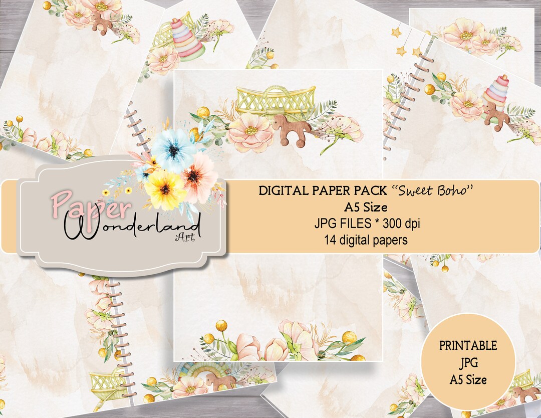 A5 Gender Neutral Printable Scrapbook Paper Pack, Cute Baby Paper ...