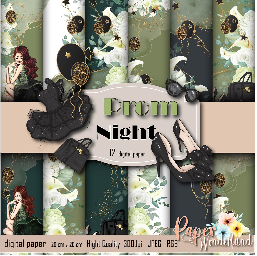 Black and Green Scrapbook Paper, Prom Night Digital Paper, Gold Glitter ...