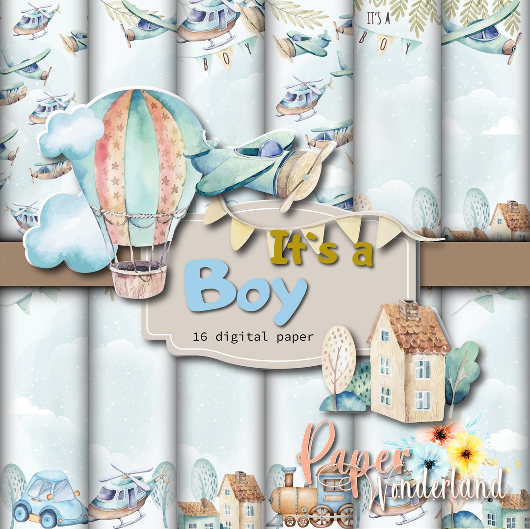 Watercolor Airplane Digital Paper: Baby Boy Scrapbook Background ...