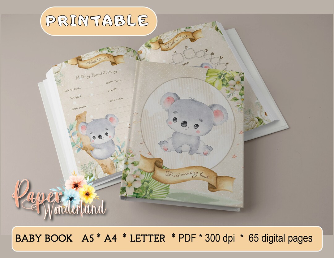 Newborn Nursery Memory Journal, Koala Themed Baby Album, Printable Baby Book, Milestone Book ...