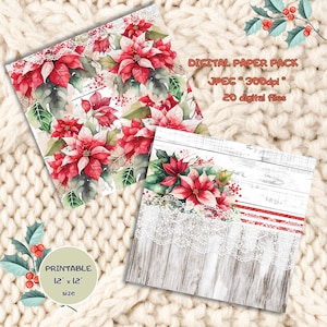 Christmas Digital Paper, Holiday Scrapbook, Rustic Wood, Red ...