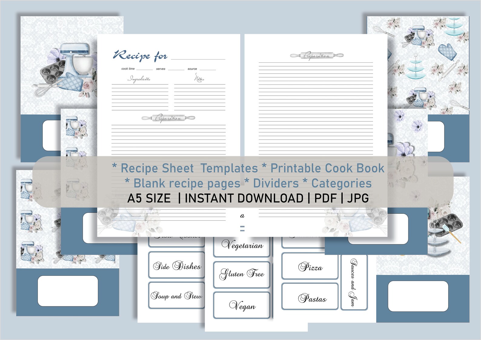 Recipe Card Full Page Fillable Instant Download Blue Baking - Etsy