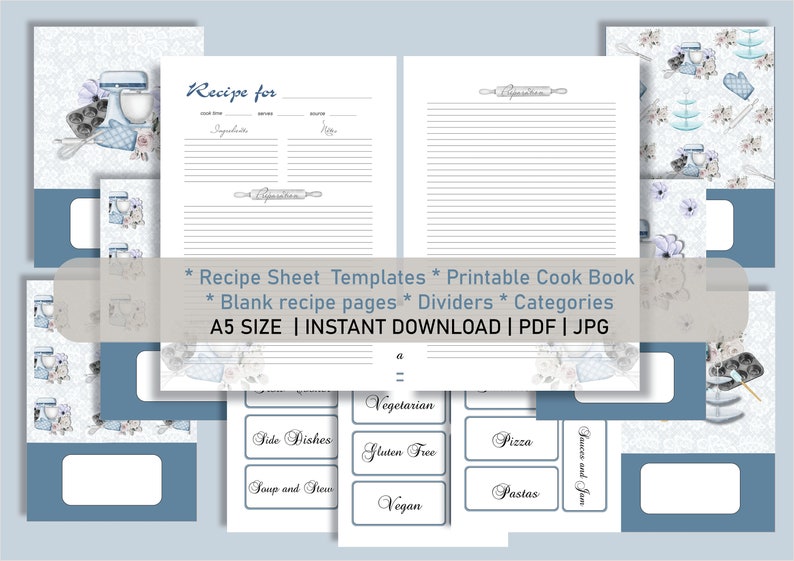 Recipe Card Full Page Fillable Instant Download Blue Baking - Etsy