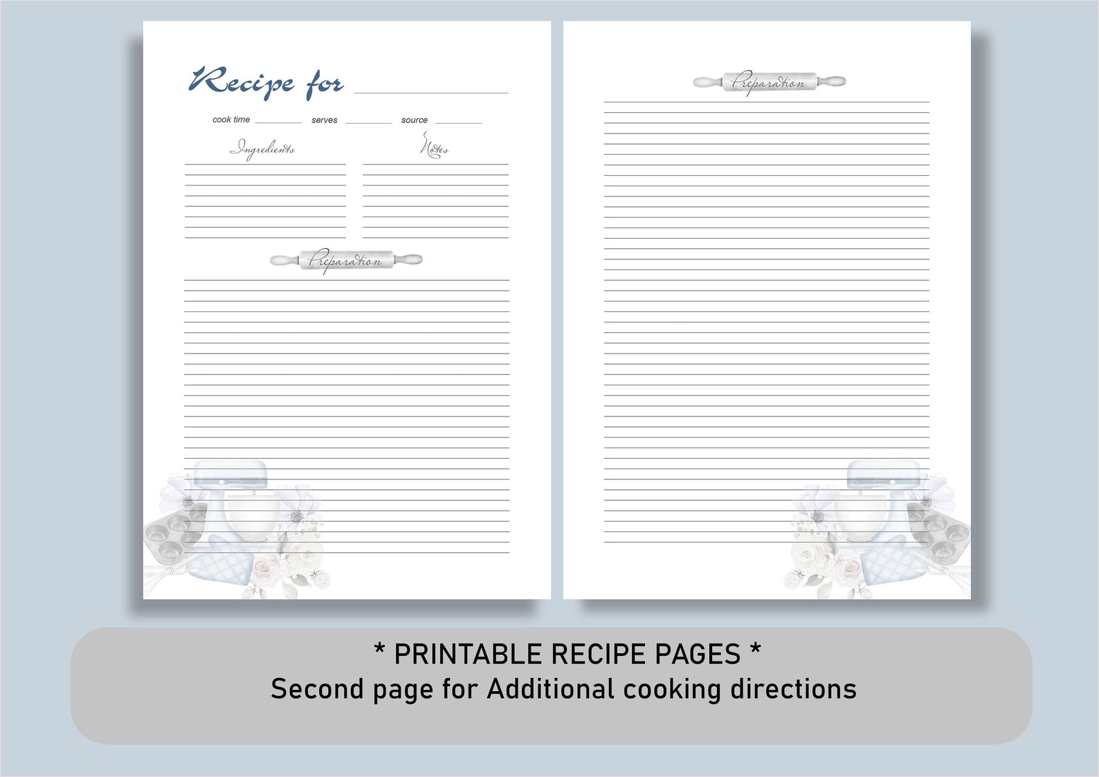Recipe Card Full Page Fillable Instant Download Blue Baking - Etsy