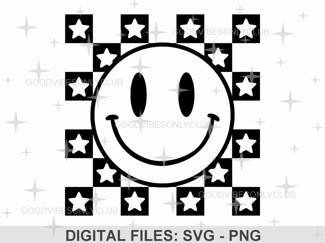 Retro Happy Face, Checkered Stars Pattern SVG PNG, Good Vibes Shirt ...