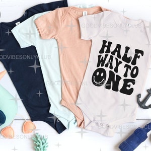 Halfway to One SVG PNG, Half Birthday SVG, Happy Face, Retro Wavy Text ...