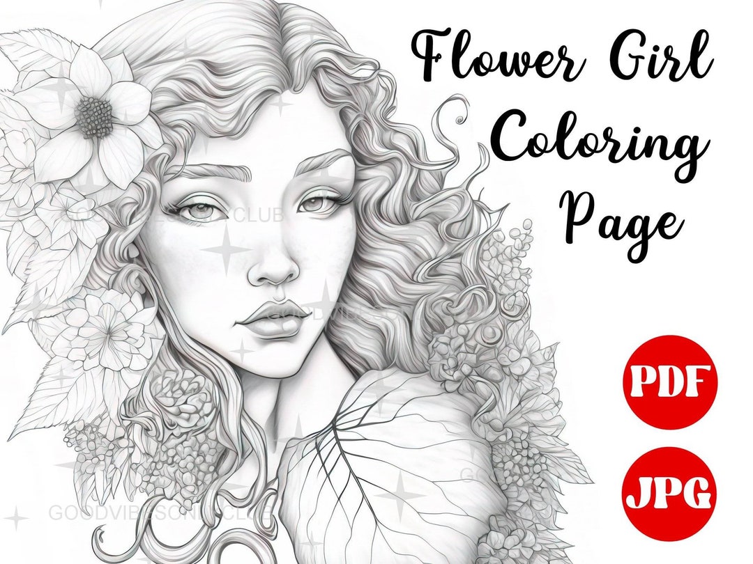 Flower Girl Coloring Page Printable Pdf Adult Women Etsy Australia