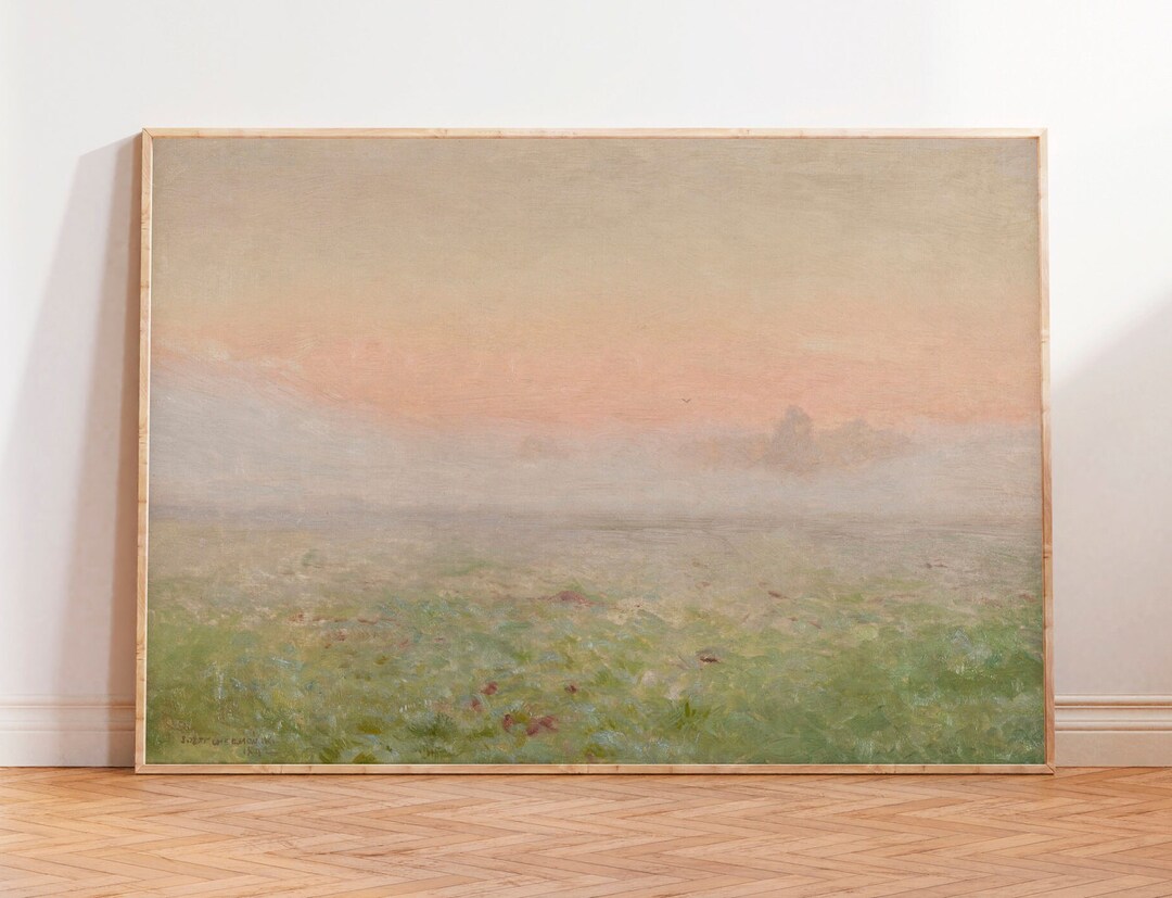 Dawn Painting, Vintage Meadow Country Cottage Landscape Abstract Garden ...