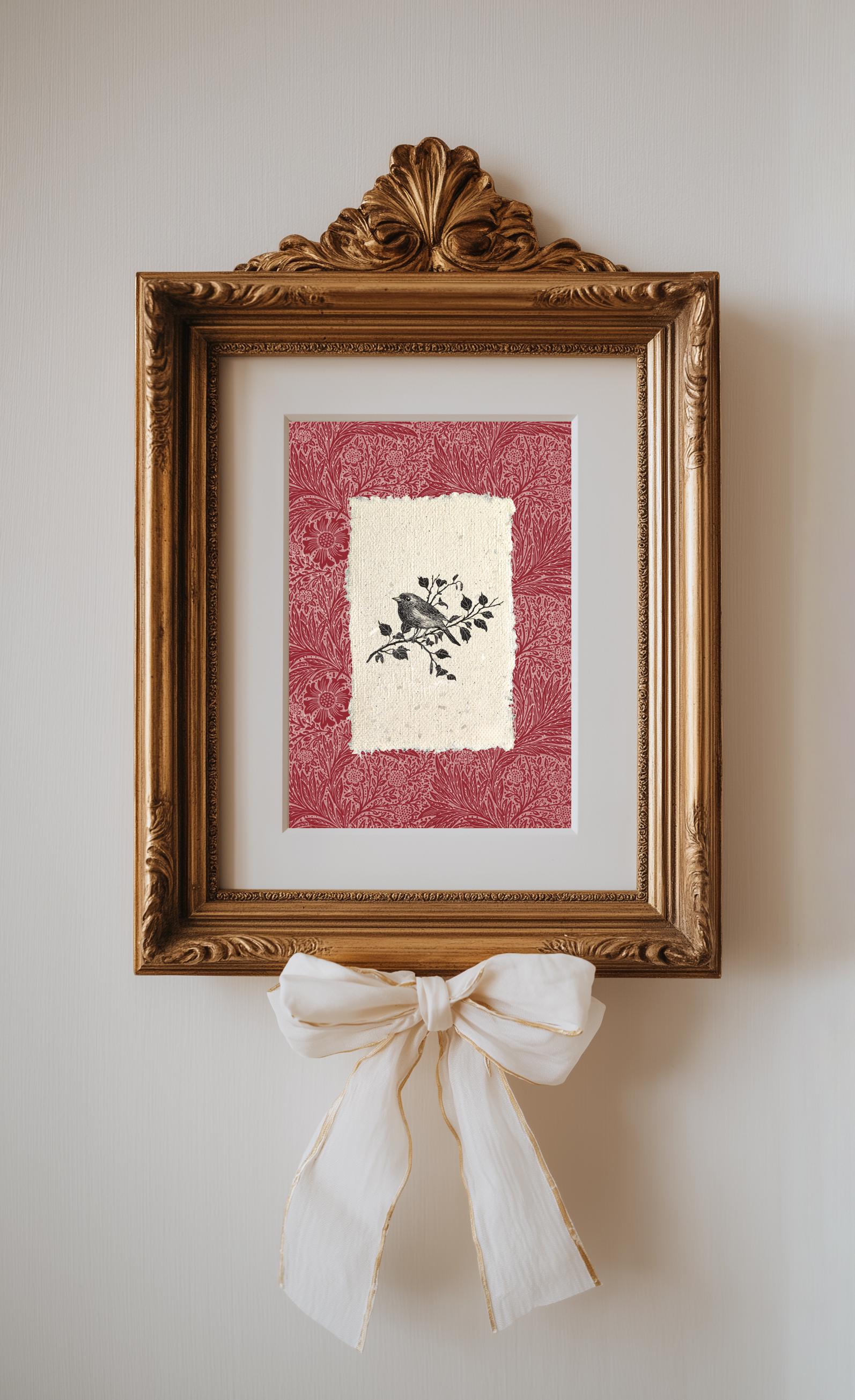 Vintage Cottagecore Bird Illustration on Red Floral Background – Bird ...