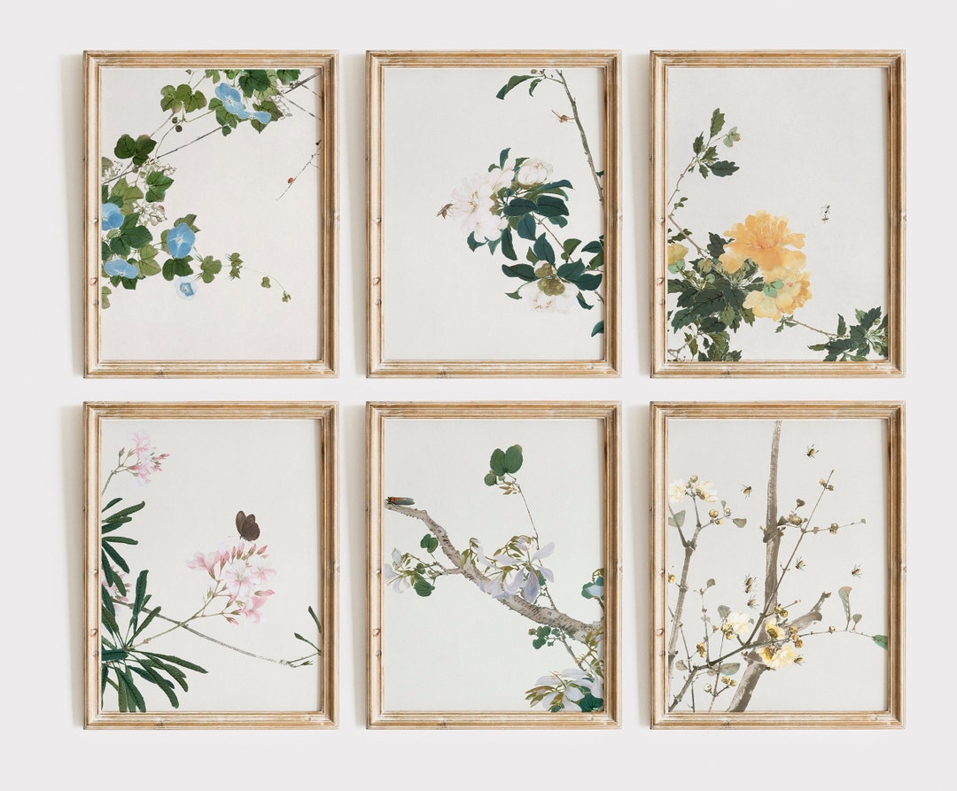 Vintage Botanical Gallery Wall Set, Chinese Wall Art Set of 6, Flowers ...